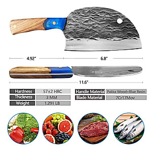 ZENG JIA DAO Forged Serbian Chefs Knife, 7'' Cleaver Knife HC Steel Butcher Knife Ergonomic Pakka Wood Blue Resin Handle for Kitchen/Restaurant/Slaughter House 2024 Gift