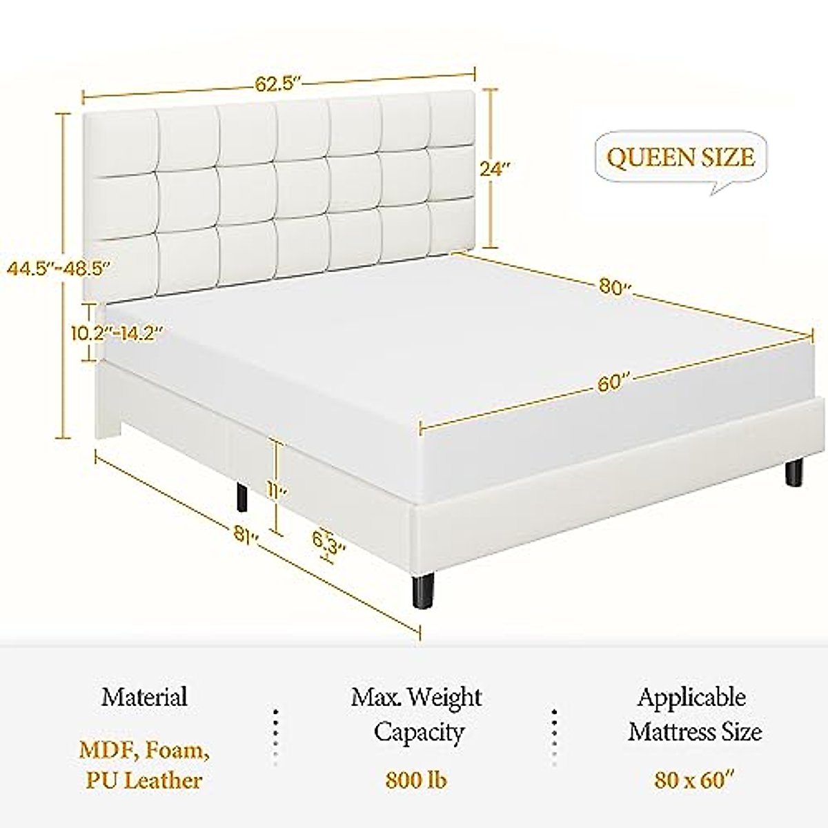 Yaheetech Queen Upholstered Bed Frame, Platform Bed Frame with Square Tufted Fabric Headboard Height Adjustable, Wooden Slats Support, No Box Spring Needed, Beige
