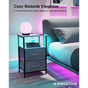 Innerjoin Nightstand with Charging Station USB A&C Ports, LED Nightstand with 2 Drawers & Storage Shelf, Bed Stand Side End Table for Bedroom Living Room Dorm, White