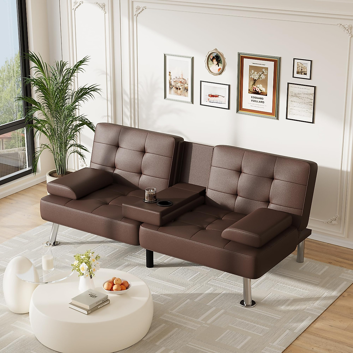 Furmax Futon Sofa Bed Adjustable Futon Couch Sleeper Sofa Bed for Living Room, Business Office, Recliner Sofa with Cup Holders (PU Leather, Brown)