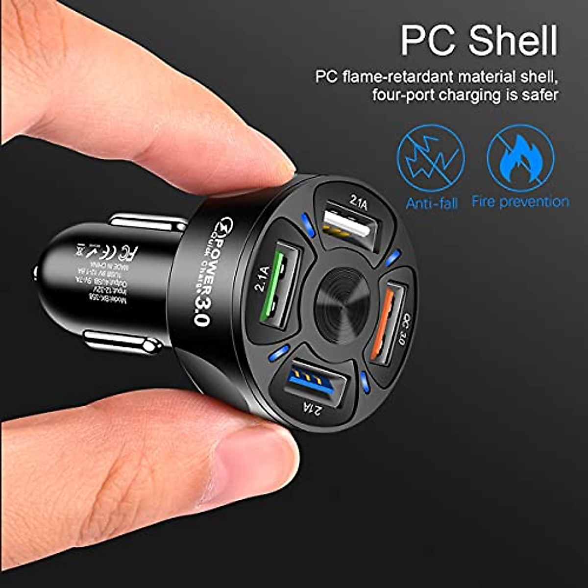 Car Charger Adapter, 4 Ports USB Fast Car Charger QC3.0, Quick Car Phone Charger with LED Light Display, Compatible with iPhone 12 Pro Max/11 Pro/XS/XR, Galaxy S20 Ultra and More (Black)