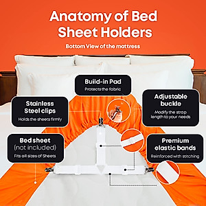 5 STARS UNITED Bed Sheet Straps Set, Elastic Fasteners with Metal Clips, Sheet Holders for Corners, Fitted Sheet Clips to Hold Sheets in Place, Bed Sheet Clips with Adjustable Bed Bands (8 Pcs White)