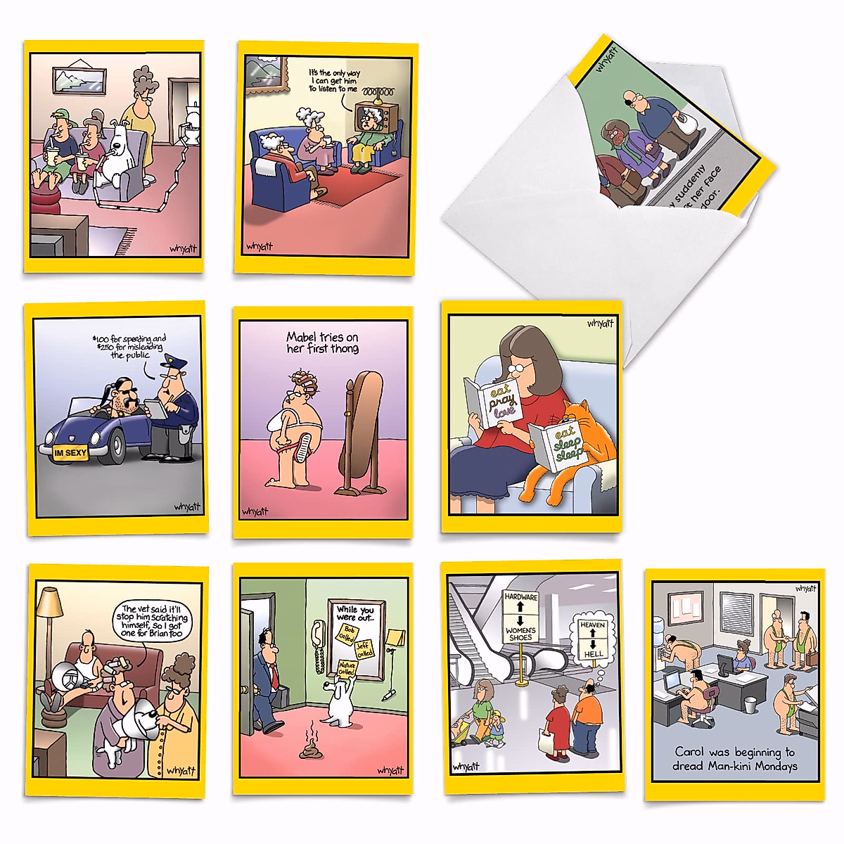 The Best Card Company - Variety Pack of 10 Funny Assorted Blank All Occasions Notecards 4 x 5.12 Inch w/Envelopes - Cartoon Humor for Men, Women (10 Designs, 1 Each) - Wild for Whyatt M6463OCB