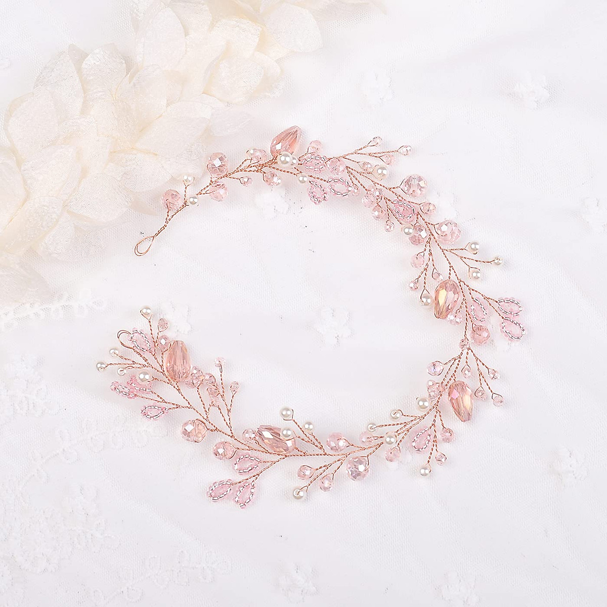 Kercisbeauty Wedding Pink Crystal Pearl Rose Gold Boho Headband for Bride Bridal Headpiece Bridesmaid Flower Girl Hair Accessory Prom Hairdress Rustic Wedding Women Vine