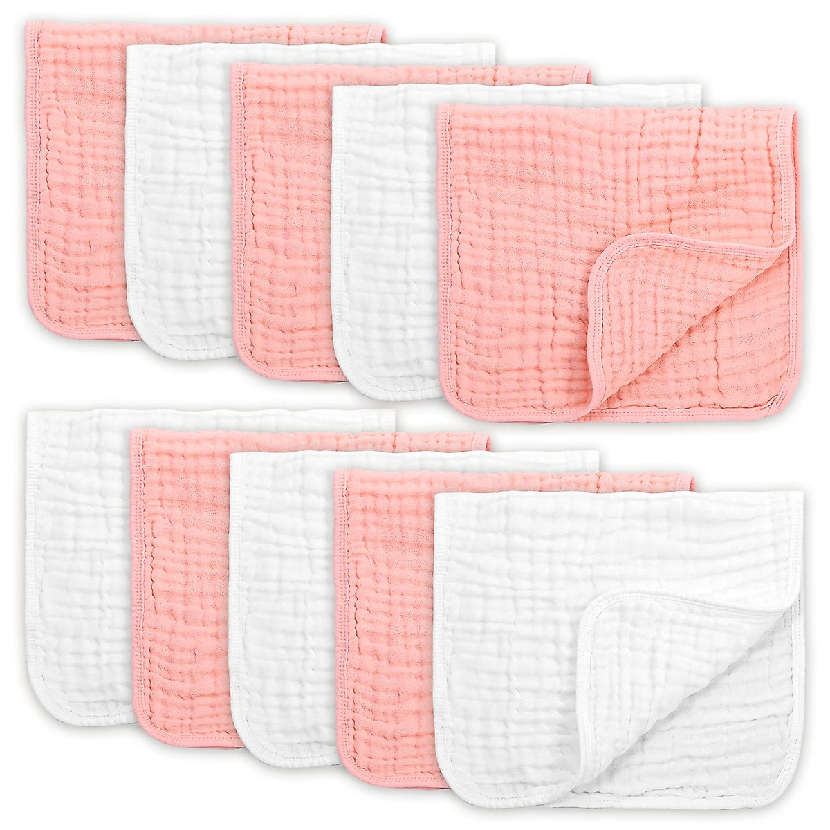 FOOK FISH Muslin Burp Cloths for Baby 10 Pack Cotton Burping Rags Hand Washcloths for Baby Ultra Soft and Absorbent Infant Spit Up Rags for Girls Large 20'' X 10'' White & Peachy Pink