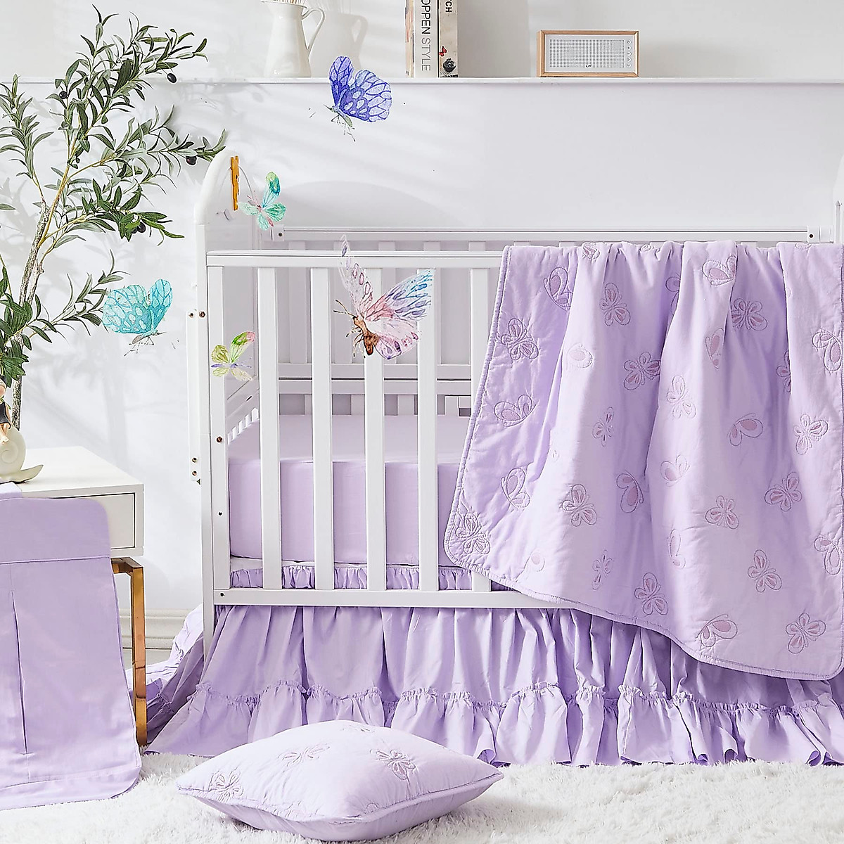 Brandream Purple Baby Girls Crib Bedding Set with Embroidered Butterfly Quilt, Crib Sheet, Crib Bed Skirt | 6-Piece Cotton Nursery Bedding Set