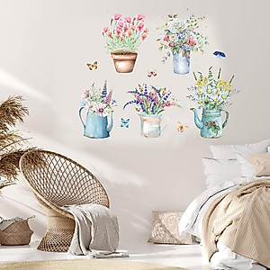 Flowers Butterfly Wall Stickers Spring Garden Potted Plant Wall Decals Removable DIY Peel and Stick Art Murals for Bedroom Living Room Kitchen Nursery Classroom Home Decoration (Flower)