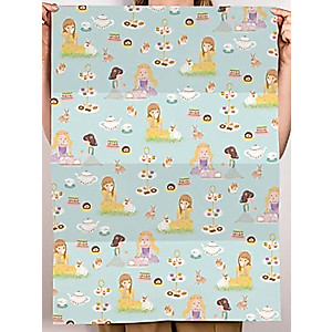 CENTRAL 23 Girls Wrapping Paper Birthday - 6 Sheets Blue Gift Wrap - Tea Party - Bunny - For Daughter Niece Granddaughter - Comes With Fun Stickers