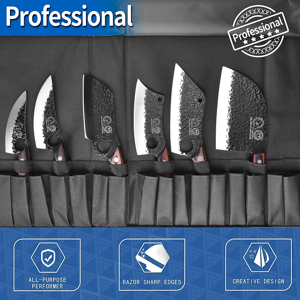 XYJ FULL TANG Camping Knives Set Chinese Butcher Vegetable Chef Knives Slice Boning Knives With Leather Sleeves&Roll Bag&Kitchen Tools