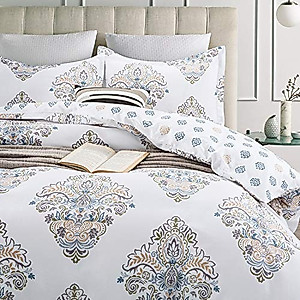 JUCFHY Queen Size Hotel Collections Super Soft Egyptian Cotton 3 Piece Modern Bedding Medallion Damask Duvet Cover Set-1000-Thread-Count Bedding Set 1 Duvet Cover and 2 Pillow Shams