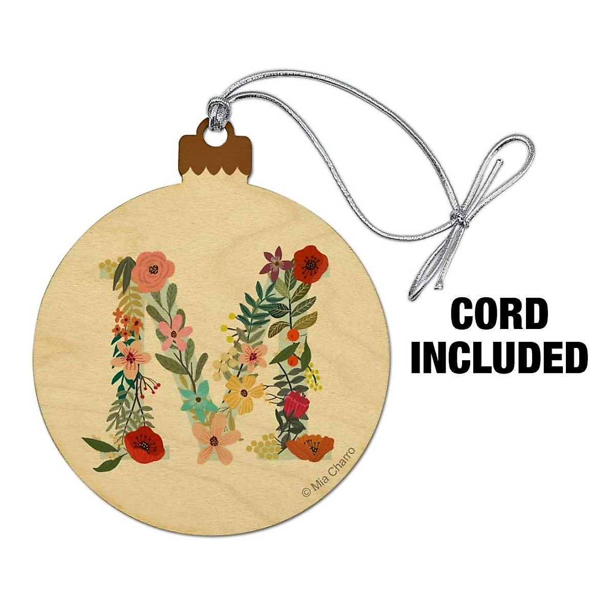 Letter M Floral Monogram Initial Wood Christmas Tree Holiday Ornament