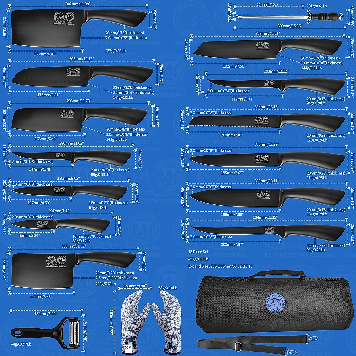 XYJ Knives,Professional Knife Sets for Master Chefs,Meat Cleaver Butcher for Camping,Chef Knife Set with Bag,Birthday Gifts for Women Men Presents (Full Black)