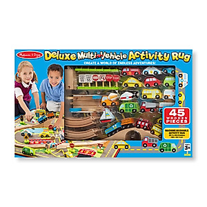 Melissa & Doug Deluxe Multi-Vehicle Activity Rug (39.5" x 36.5") - 19 Vehicles, 12 Wooden Signs, Train Tracks