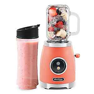 Americana EPB399C BPA Free Glass Blending Jar and Tritan Sports Bottle Blend Personal Smoothie, Crush Ice, Shakes, Keto Protein Blender, 2 Cups, 300 Watts, Coral