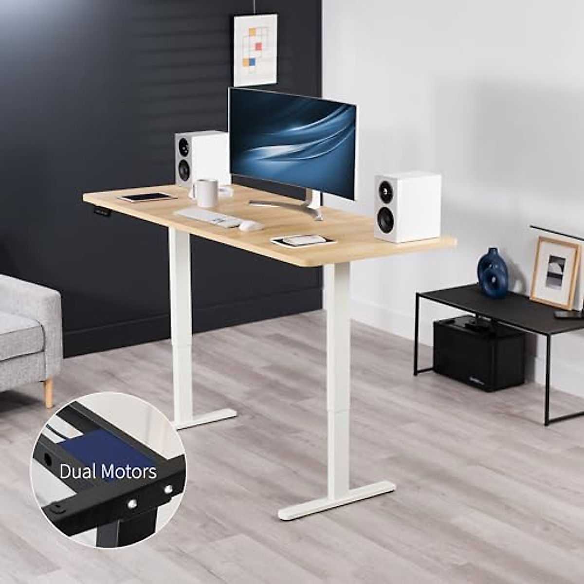 VIVO Electric Height Adjustable 71 x 30 inch Memory Stand Up Desk, Light Wood 30 inch Deep Table Top, White Dual Motor Frame, Preset Controller, E2B Series, DESK-KIT-E2W7C