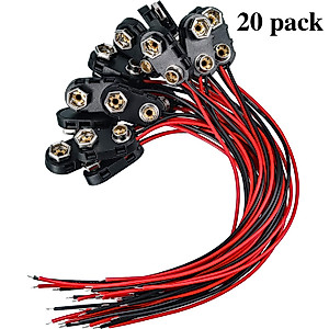 BBTO 20 Pack 9 V Battery Clip Connector Long Cable Connection Hard Shell Black Red Connector (I Type)