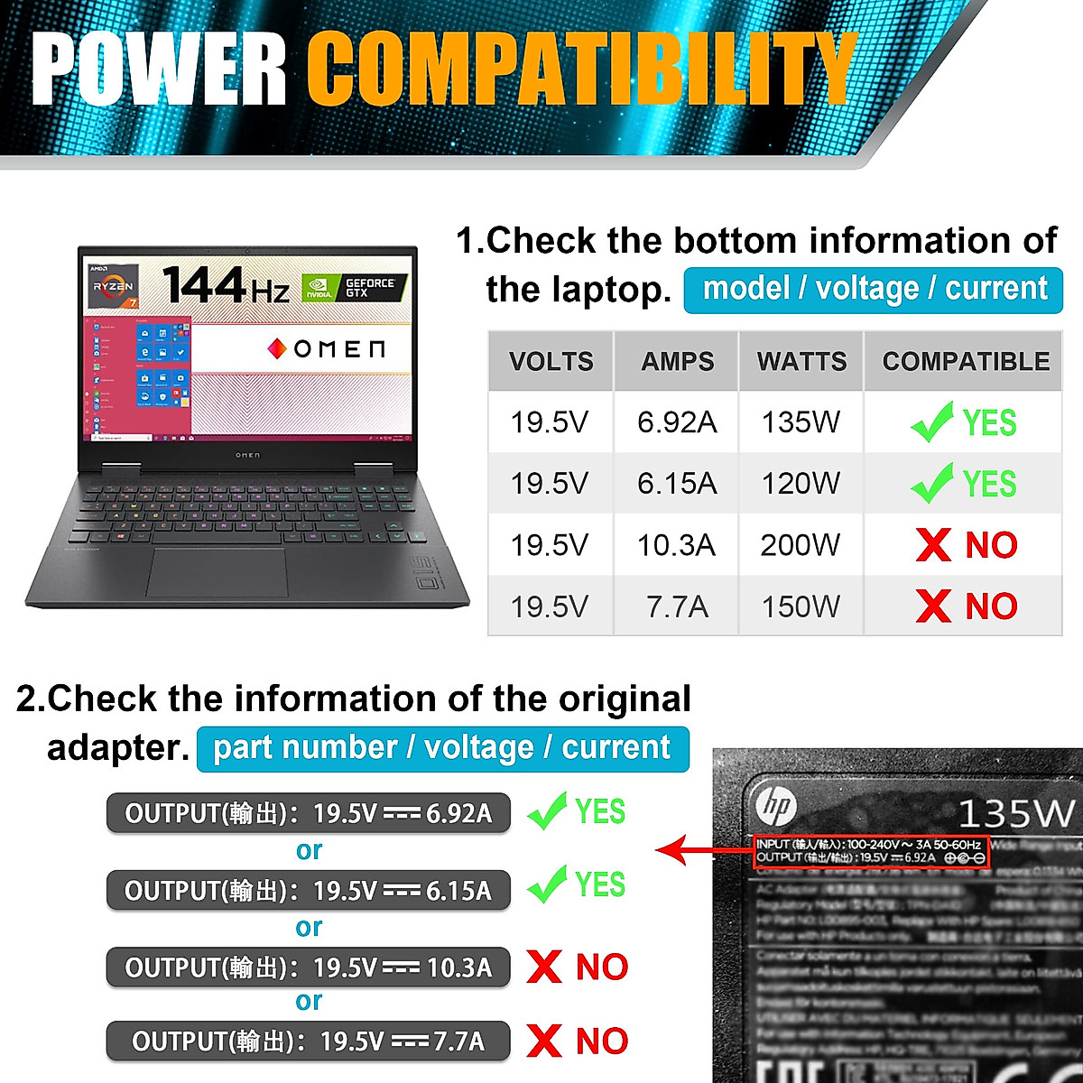 135W 19.5V 6.9A AC Adapter Laptop Charger Compatible with HP Spectre x360 15t-df100 CTO,HP Pavilion Gaming 15 17 ec0013dx 15-ec0751ms L15534-001 TPN-DA11 TPN-CA13 Ac Adapter Power Cord