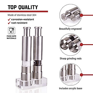 Click n’ Spice Salt and Pepper Grinder Set, Spice Grinders, Salt and Pepper Mill, Shaker, Thumb Press, Stainless Steel, 2 Pack