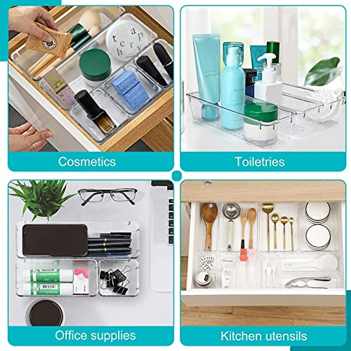 25 Piece - Non-Slip Drawer Organizer Bin Set- Clear bins