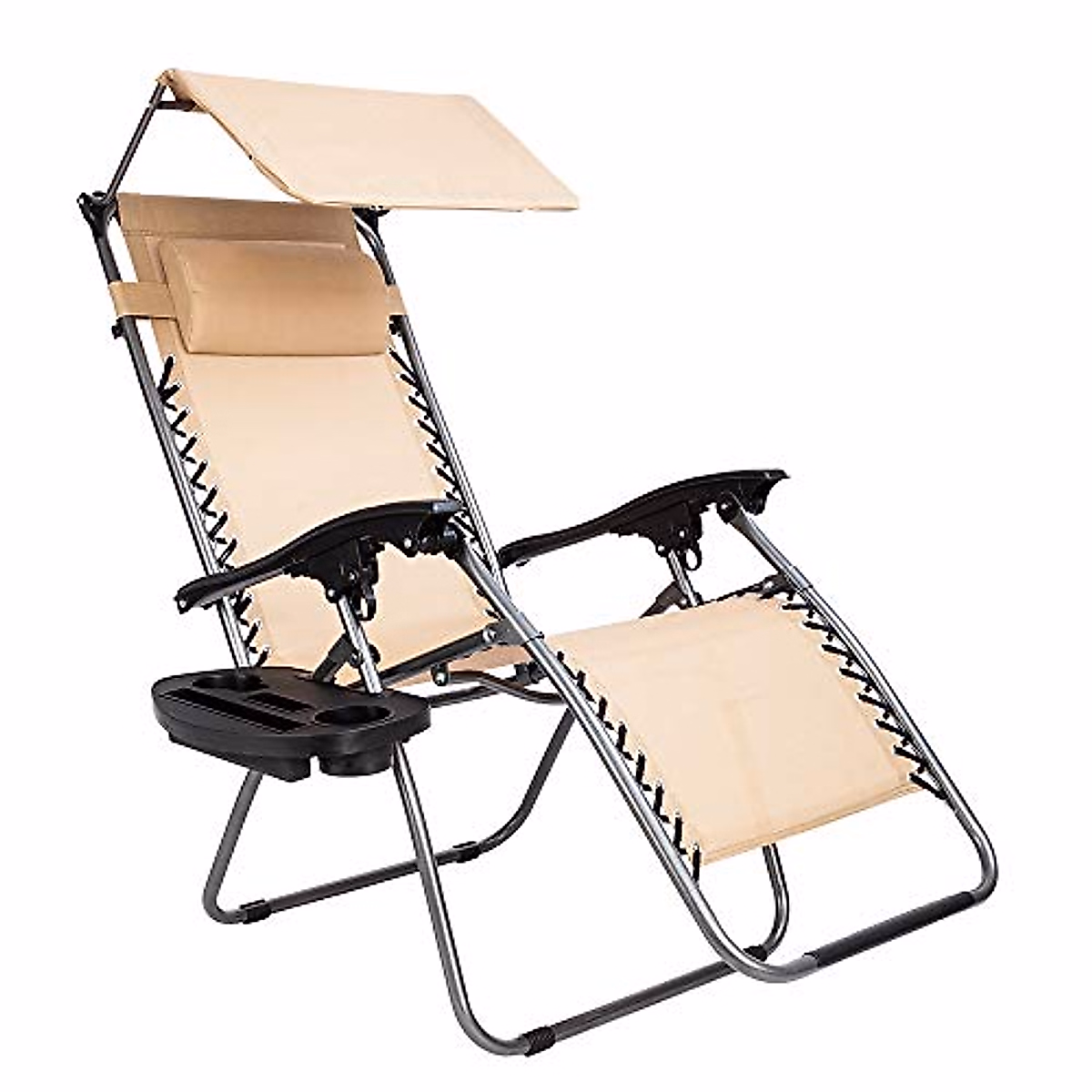 Set of 2 Non-Gravity Outdoor Lounge Chairs Sunshade Cup Holder Mobile Slot Folding Patio Chairs Canopy Tray (LEGENDARY-YES)