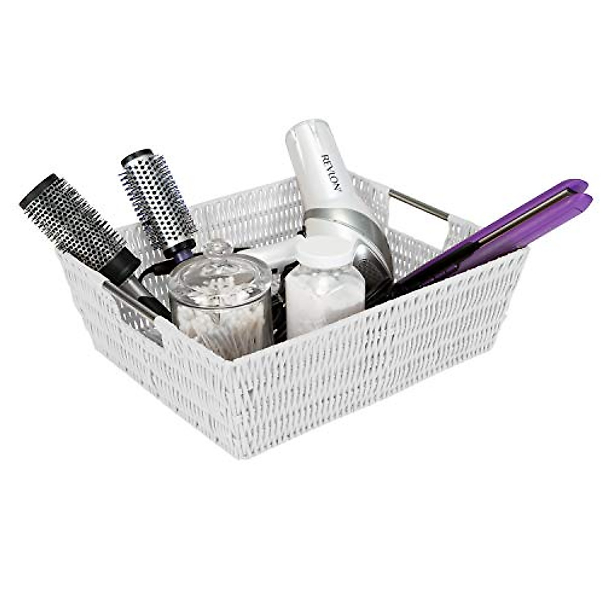 "Simplify 15"x13"x5" Shelf Storage Woven Handles, Nursery, Playroom, Toys, Bedroom, Closet, Clothes, Office, Decorative Organizer Basket Rattan Totes, Large, White" (25453-WHITE)