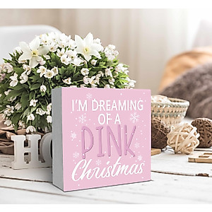 SRADMO Im Dreaming Of A Pink Christmas Wood Box Sign Desk Decor, Pink Christmas Decor Wooden Box Sign Decoration For Home Office, Pink Christmas Decorations, Pink Desk Decor Shelf Table Decor