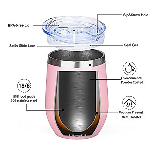 MEZMUT 12oz Insulated Wine Tumbler with Lid Double Wall Vacuum Stainless Steel Wine Glass Coffee Mug Insulated Tumbler Cup for Champaign, Cocktail, Beer (Pink, 1 Pack)