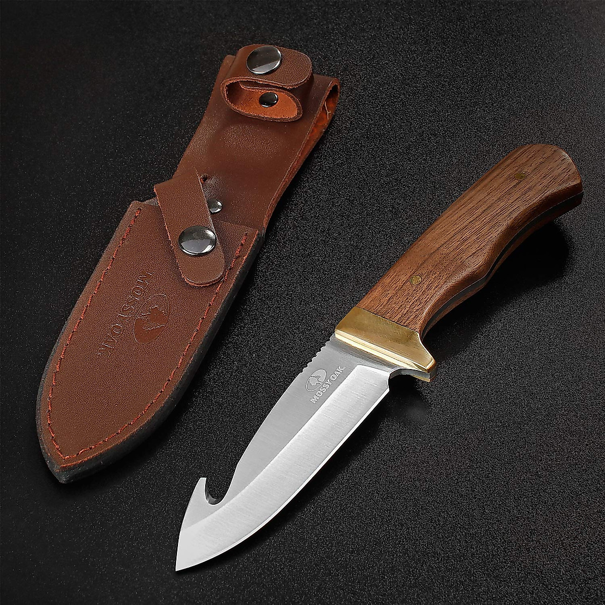 Mossy Oak Fixed Blade Gut Hook Knife, 9.5-inch Full Tang Field Processing Knife - Wooden Handle, Leather Sheath Included, for Skinning, Hunting, Outdoors