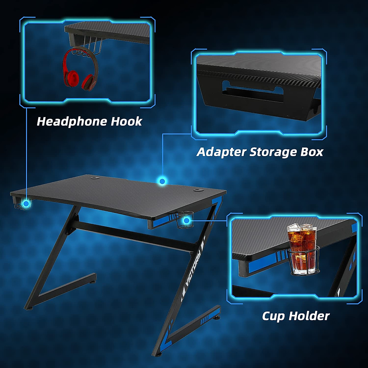 Cirstore Gaming Desk 39 Inch Computer Desk Gaming Table Z Shaped Pc Gaming Workstation Home Office Desk with Headphone, Gaming Controller Rrack,Black and Blue