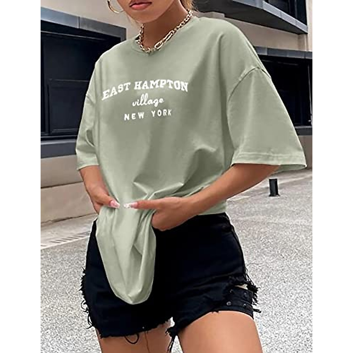 Lauweion Women Drop Shoulder East Hampton Letter T-Shirt Oversized Graphic Baggy Trendy Tee Shirt Top Green