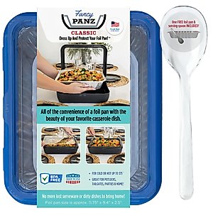 Fancy Panz Classic, Food Serving Tray, Made in the USA Foil Pan Carrier, Stackable Aluminum Pan Holders with Clear Lid, Travel Casserole Carrier With 1 Disposable Foil Pan & Serving Spoon, Denim Blue