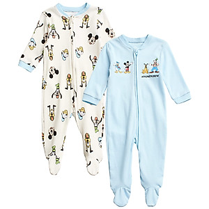 Disney Baby Boys' Mickey Mouse Romper - 2 Pack Sleep n' Play Footed Coveralls (0-9M), Size 6-9 Months, Mickey and Friends