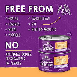 Stella & Chewy’s Carnivore Cravings Savory Shreds Cans – Grain Free, Protein Rich Wet Cat Food – Cage-Free Chicken & Grass-Fed Beef Recipe – (5.2 Ounce Cans, Case of 24)