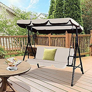 QZEN 3-Seat Porch Swing with Stand, Outdoor Patio Swing Chair with Adjustable Canopy and Durable Steel Frame for Patio, Backyard