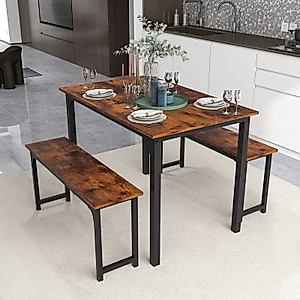 IFANNY Dining Table Set with 2 Benches, Industrial Kitchen Table & Chairs with Metal Frame, Space-Saving Breakfast Nook Table Set, 3 Piece Dinette Set for Farmhouse, Bar, Restaurant (Brown)