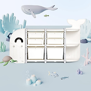 duke baby Kids Small 3 Layer Toy Storage Organizer with 6 Pull-out Storage Bins, Display Bookshelves, Multipurpose Toy Cabinets for Kids Playrooms Bedrooms Age 1-12, Whale Collection White Grey