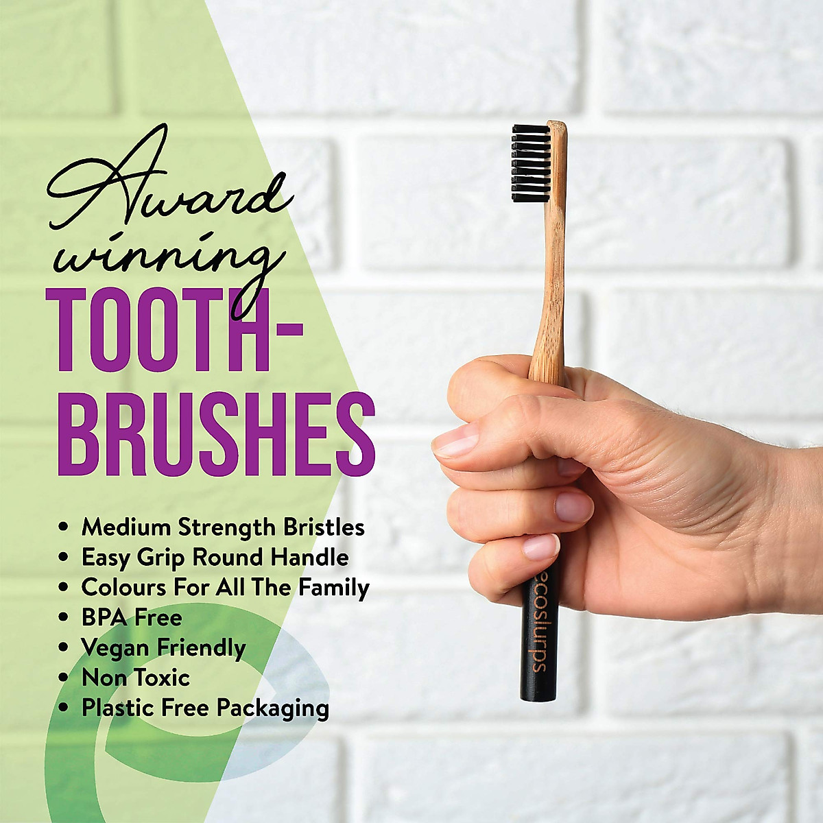 EcoSlurps 12 Bamboo Toothbrushes Multipack - One Years Supply of Bamboo Toothbrush - Bulk Biodegradable toothbrushes (12 Adult Medium, Multi-Colored)