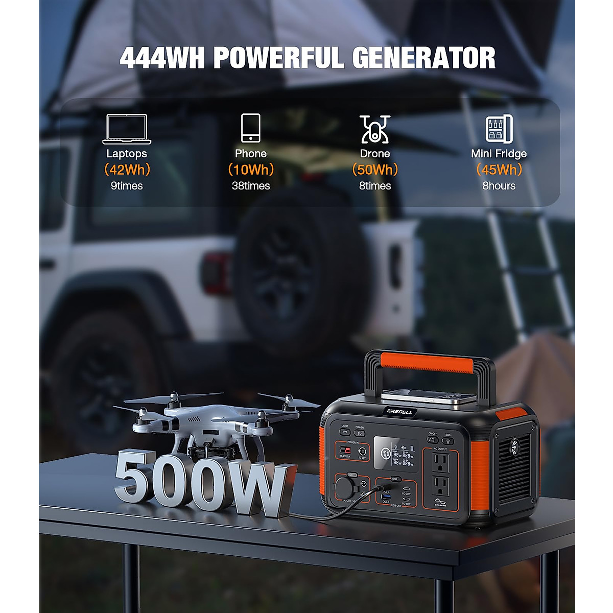 GRECELL 500W Portable Power Station 444Wh Solar Generator with 110V Pure Sine Wave AC Outlet/PD60W, 1000W Peak power station for Camping Trip RV Outdoor Home Emergency Backup & Solar Powered