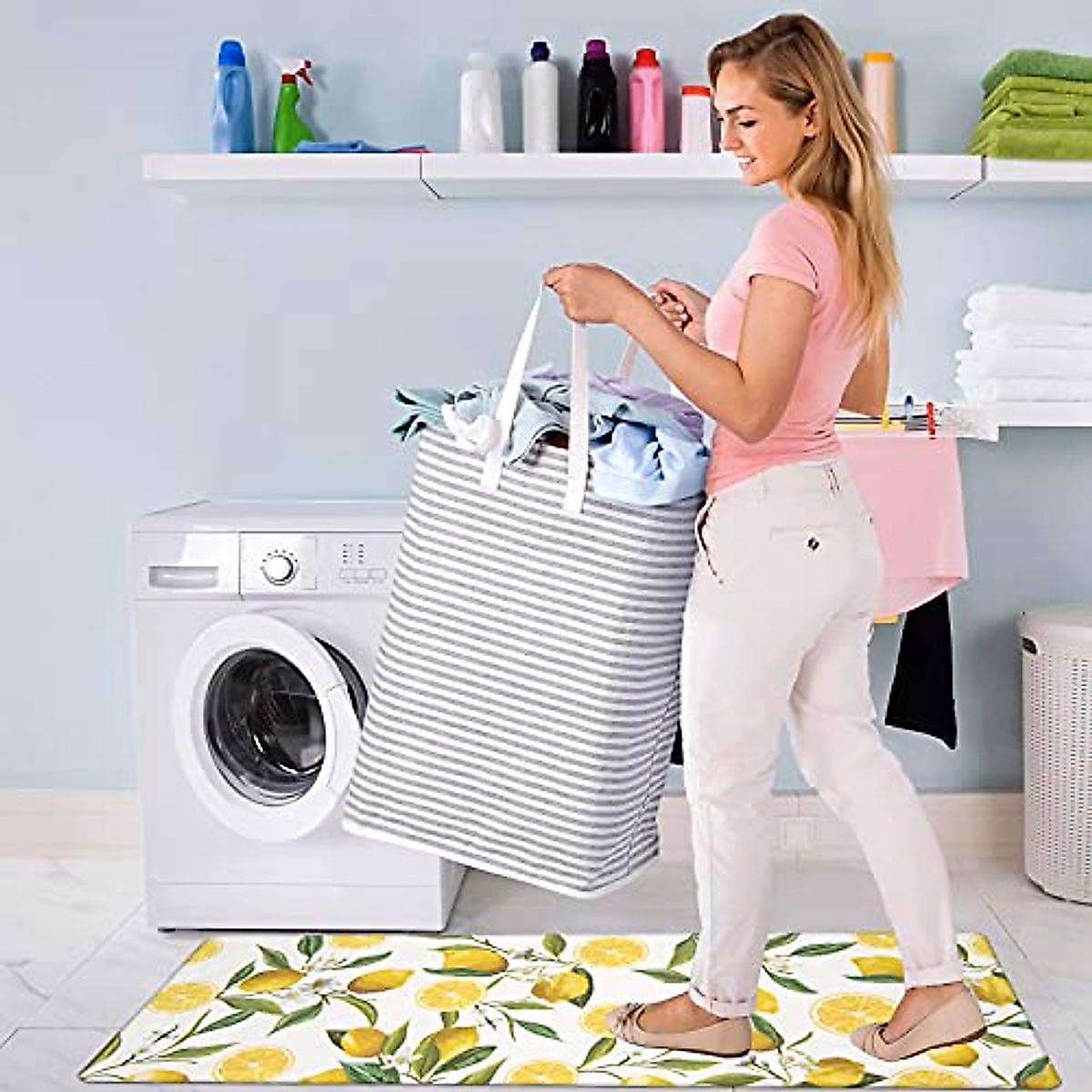 SHACOS Lemon Kitchen Rugs Mats 2 Pieces Anti Fatigue Floor Rug Runner Set Non Slip Soft Cushioned Standing Mat Wipeable Floor Mat, 17"x27.5"+17"x47",White