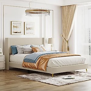 Queen Size Platform Bed Corduroy Upholstered Platform Bed with Wingback Headboard Queen Bed Frame with Metal Legs and Strong Wooden Slats, No Box Spring Needed, Noise Free, Easy Assembly, Beige