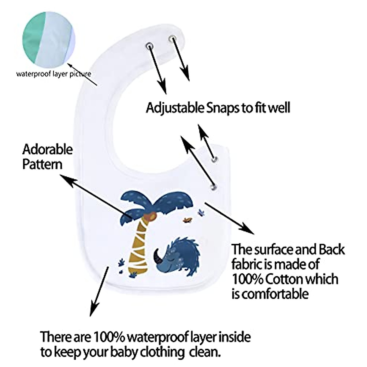 Maiwa 6 Pack Cotton Waterproof Dinosaur Baby Bibs for Boys for Drooling Eating Teething with Snaps,OEKO-TEX certified print