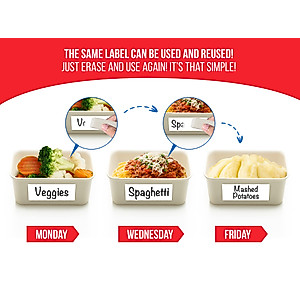 MESS Reusable Labels for Food Containers - Erasable Kitchen Labels (96-Pack) Labels for Organizing - Food Labels for Containers - Removable Labels Freezer Fridge - White Dry Erase - Labels for Jars