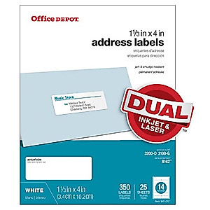 Office Depot White Inkjet/Laser Address Labels, 1 1/3in. x 4in., Pack Of 350, 505-O004-0018