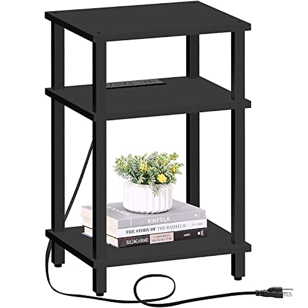 TUTOTAK End Table with Charging Station, Side Table with USB Ports and Outlets, Nightstand, 3-Tier Storage Shelf, Sofa Table for Small Space TB01BK042