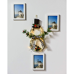 DearHouse Lighted Christmas Wreath Decoration, 16 x 8 Inch Grapevine Wreath with Hat and Bow Snowman Shape Wreath for Front Door Home Garden Wall Decor