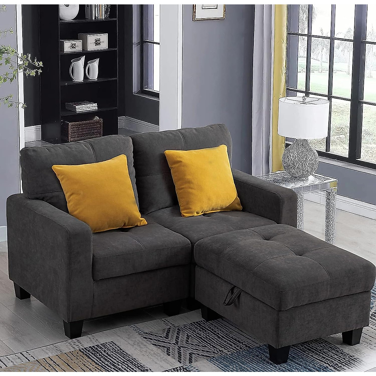 Flesser Loveseat Sofa Small Sectional Couch with Storage Modular Couch Love Seat with Ottoman for Small Spaces Velvet Convertible Bedroom Couch in Dark Grey