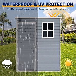 SumKea 5x3 FT Resin Storage Shed, with Padlock Storage Shed, Comes with Vents and Front Window Outdoor Shed, All-Season Waterproof Tool Shed, for Garden, Backyard, Lawn, Grey
