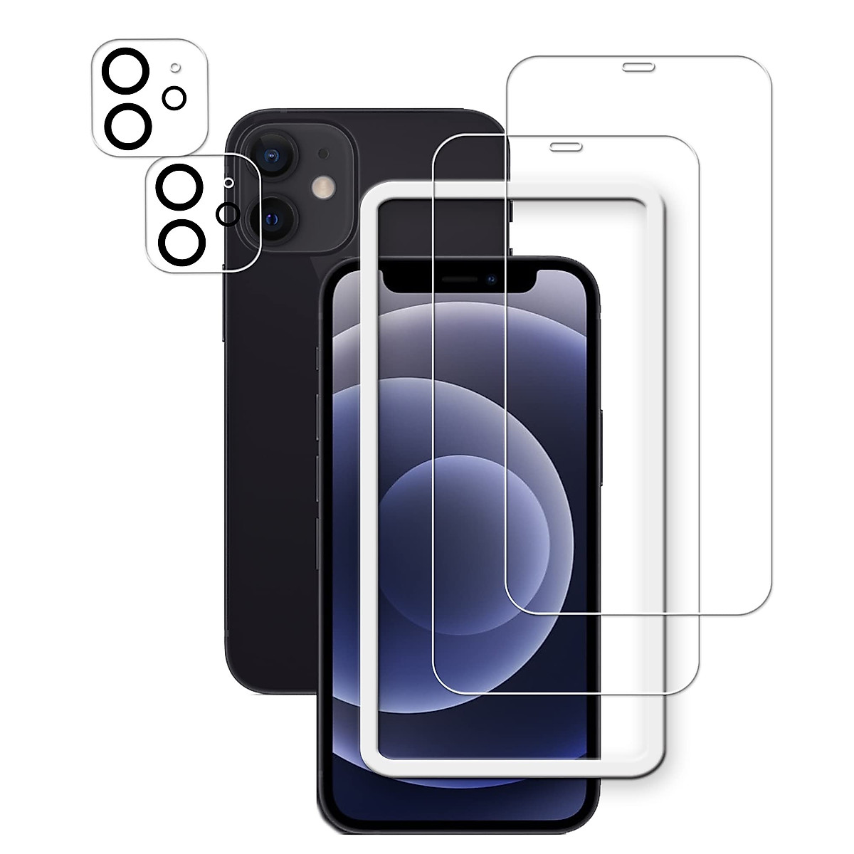 HKKAIS Screen Protector For iPhone 12 mini Tempered Glass 2-Pack Camera Lens Protector Film 2-Pack with Easy Alignment Tool