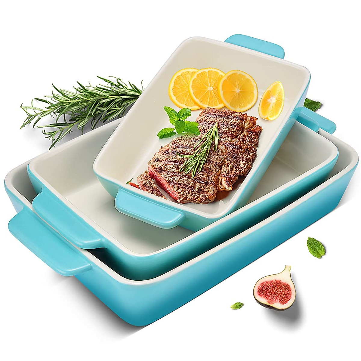 3Piece Casserole Dish Ceramic Baking Dish Rectangular Baking Dishes for Oven Ceramic Bakeware with Handles Durable Nonstick Large Lasagna Pan for Cooking, Baking, 10'' x 7'', Gradient SkyBlue