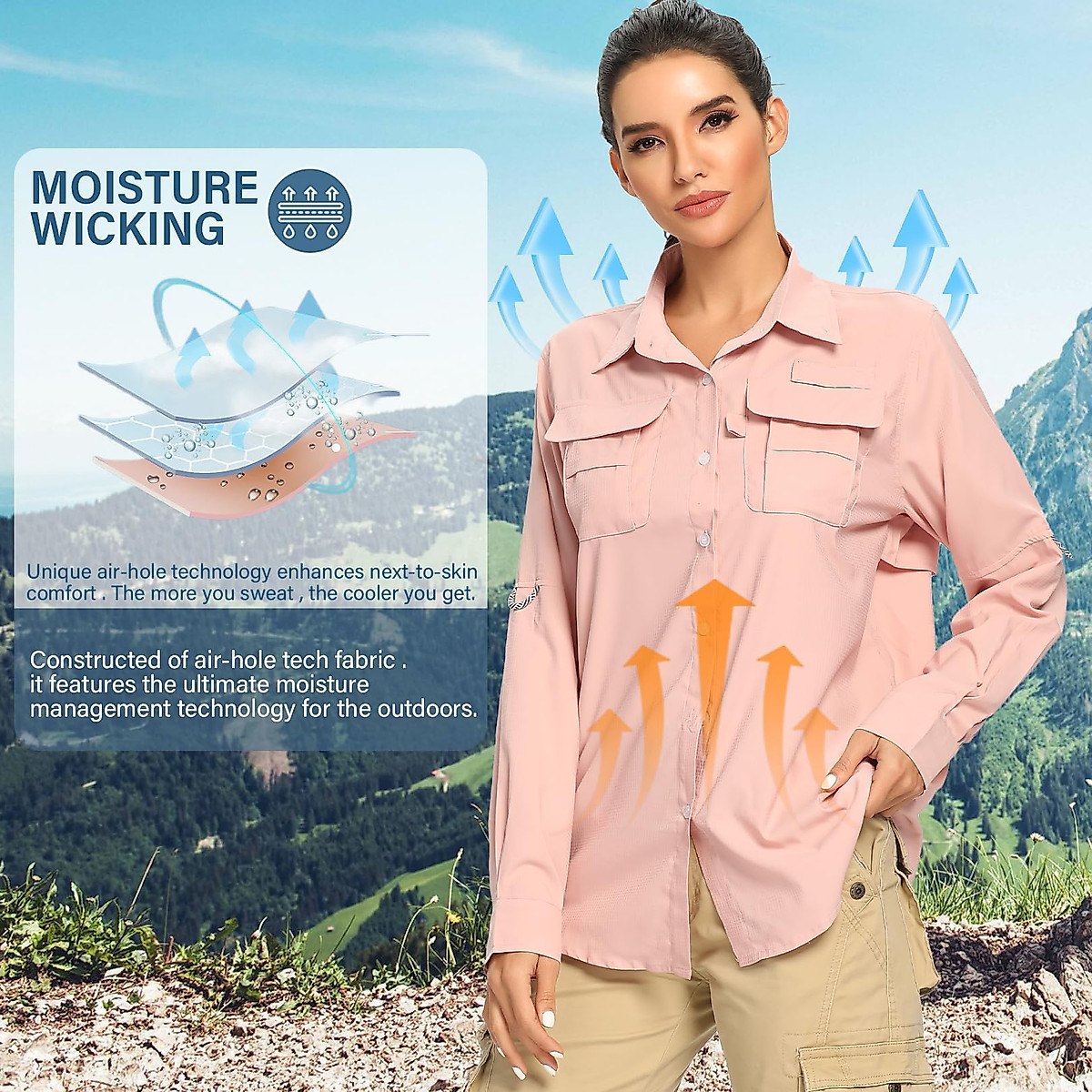Women's Quick Dry UPF 50+ Sun Protection Long Sleeve Shirt Hiking Fishing Shirts,Pink,M